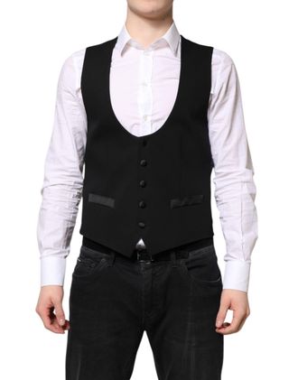Dolce & Gabbana Mens Black Wool Waistcoat Dress Formal Vest Virgin Silk Viscose