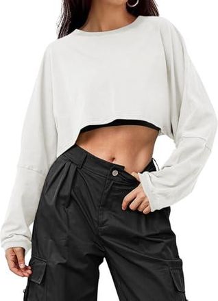 ORANDESIGNE Sweat Court Femme Chic Manche Longue Mode Crop Top Cropped Sweat-Shirt D&eacute;contract&eacute;e L&acirc;che Hauts Y2K Streetwear A Gris Clair XS