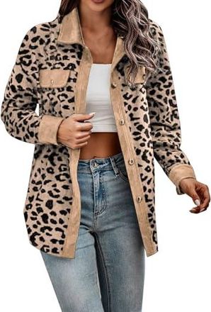 Generic Vestes pour femmes, chemises boutonn&eacute;es &agrave; manches longues, surdimensionn&eacute;es, en velours c&ocirc;tel&eacute; imprim&eacute; l&eacute;opard, manteaux avec poches, marron, XXL