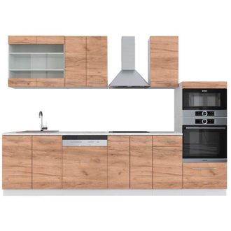 Vicco K&uuml;chenzeile Fame-Line, Goldkraft Eiche/Wei&szlig;, 300 cm mit Hochschrank, ap Marmor