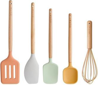 KitchenCraft Idilica Silikonwerkzeug-Set, 5teiliges Kochutensilien-Set mit FSC-Buchenholzgriffen, mehrfarbige Küchenwerkzeuge