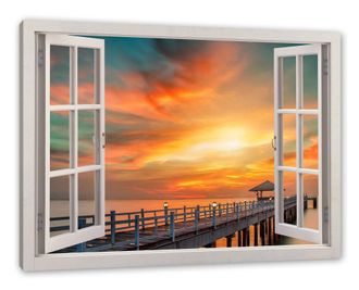Pixxprint Steg ins Meer bei Sonnenuntergang, Fenster, Größe: 60x40cm, Leinwandbild, fertig gespannt, Wandbild, Dekoration, Kunstdruck, kein Poster