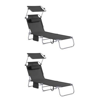 SoBuy Lot de 2 Transat Jardin Extérieur Pliable Bain de Soleil avec Oreiller Chaise Longue avec Pare-Soleil et Poche Latérale Mobilier de Jardin pour Terras