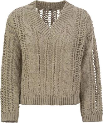 Brunello Cucinelli Femme, Pulls, Beige, Taille: 38 FR Jersey Col V en Maille et C&acirc;ble