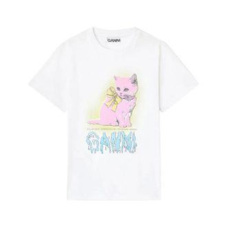 Ganni Femme, Tops, Blanc, Taille: 40 FR Basic Cotton Jersey Neon Kitty T-Shirt