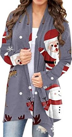 Generic Cardigan de mode pour femme avec imprim&eacute; de No&euml;l, cardigan dautomne ouvert sur le devant, d&eacute;contract&eacute;, plumeau, cardigan l&eacute;ger en tricot, gris, XXL
