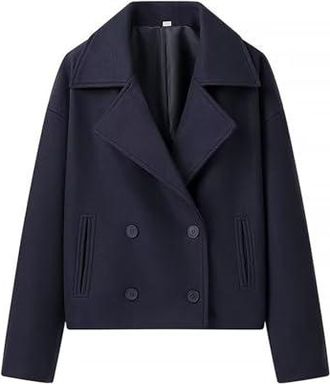 Generic Manteaux courts en laine pour femmes, manteau décontracté en laine mélangée, manteau blazer uni pour lautomne et lhiver, bleu marine, M