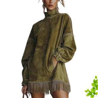 Generic Robe &agrave; col roul&eacute; en faux daim avec ourlet &agrave; franges pour femme, mini robe dautomne &agrave; manches longues patchwork d&eacute;contract&eacute; avec poches, vert militaire