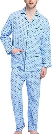 Global Ensemble de Pyjama Hommes Coton Vêtements de Nuit boutonnés à Manches Longues Vêtements de Nuit à Cordon de Serrage Confortable Respirant Hommes Haut