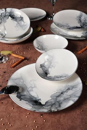 Hermia Elegant 24-Piece Dinner Set, 100% Porcelain | Includes Deep Plates, Cake Plates, Service Plates & Bowls | Microwave & Dishwasher Safe | Perfect for An