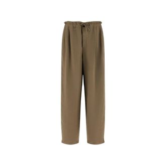 Brunello Cucinelli Pantalon large taille haute &agrave; cordon de serrage en m&eacute;lange de lin - Femme - Pantalons - Brun - Taille: 40 FR