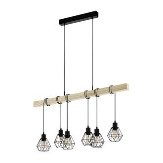 Eglo Suspension luminaire Townshend 5, lustre &agrave; 6 lampes au design vintage et industriel, abat-jour suspendus r&eacute;tro en acier noir et en bois, certifi&eacute; FSC,
