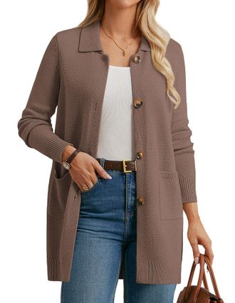 Grace Karin Damen Herbst Strickjacke Lange &Auml;rmel Lockerer L&auml;ssig Cardigan mit Taschen f&uuml;r Party Hochzeit CL172-07/Coffee S