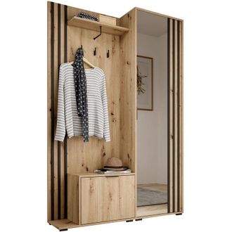 E-MEUBLES Garderobe mit Spiegel Flurgarderobe Schrank Kompaktgarderobe Dielenschrank Wandschrank Regal Diele & Flur Kleiderschrank Schuhschrank 135x197x34 cm