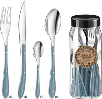 Amefa Besteck Bistro 1-2-3, Tafelbesteck f&uuml;r 6 Personen, 18/0 Edelstahl mit Kunststoffgriff in Trendfarbe, denimblau, 24-teilig