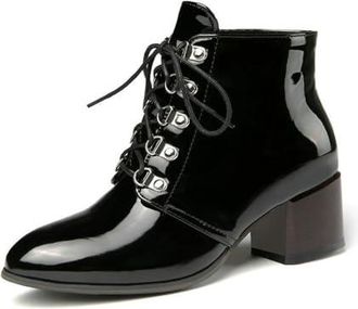 Generic Bottines à lacets pour femme en cuir verni - Bout rond - Chaussures dhiver, Noir, 40.5 EU