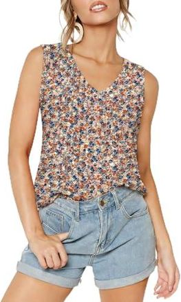 Zeagoo D&eacute;bardeur &eacute;l&eacute;gant pour femme - Col en V - Sans manches - D&eacute;contract&eacute; - En tissu &agrave; oeillets, rose floral, L