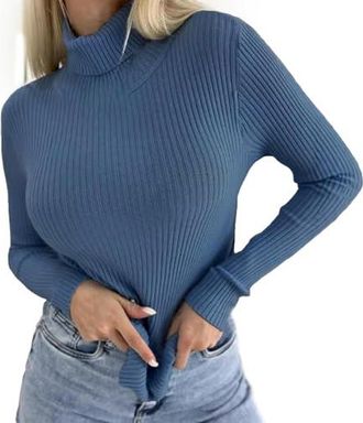 Generic Chemises à manches longues pour femme - Automne et hiver - Chaud - Solide - Pull à manches longues - Col roulé, T-shirts bleus pour femmes, M