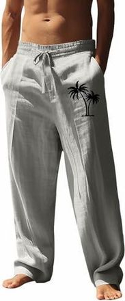 Generic Pantalon en lin pour homme, coupe ample, d&eacute;contract&eacute;, imprim&eacute; cocotier, pantalon de plage, jambe droite, vacances, pantalon de jogging &agrave; ourlet ouvert
