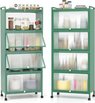 Giantex Armoire de cuisine en métal avec 4 compartiments, 60 x 32 x 154 cm, 4 portes rabattables, en PC, armoire de rangement avec 4 roulettes avec kit anti-r