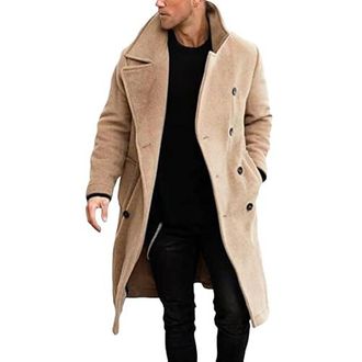 Generic Trench vintage &eacute;pais &agrave; double boutonnage classique thermique en laine m&eacute;lang&eacute;e long manteau pour temps froid pour homme, kaki, XXL