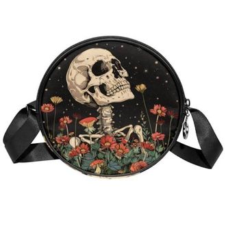 Generic Petit sac &agrave; bandouli&egrave;re rond pour femme, motif fleurs squelettes avec fermeture &eacute;clair, bretelles r&eacute;glables, sac &agrave; main rond d&eacute;contract&eacute; pour femmes e