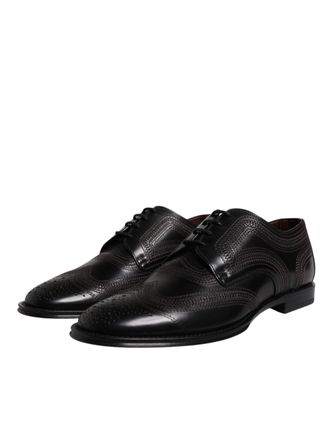 Dolce & Gabbana Mens Black Embroidered Classic Leather Derby Dress Shoes