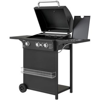 OUTSUNNY Barbecue gaz 3+1 br&ucirc;leurs avec couvercle 2 roues - 9,5 kW - 2 grilles chrom&eacute;es, &eacute;tag&egrave;res lat&eacute;rales, thermom&egrave;tre - noir