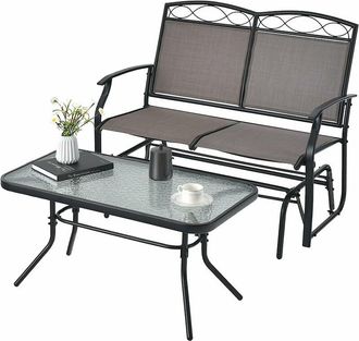 Costway Salon de Jardin 2 Pi&egrave;ces avec Table Basse Causeuse &agrave; Bascule Charge 360KG, Ensemble de Mobilier de Terrasse 2 Places avec Table Basse en Verre