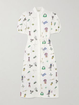 Alemais + Anouk Colantoni Play Midi-hemdblusenkleid Aus Bestickter Leinengaze Mit Bindegürtel - Creme