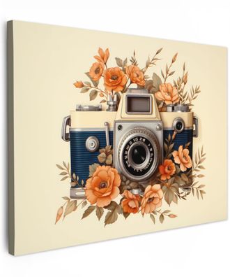 MuchoWow © Bilder 80x60 cm Wohnzimmer Deko Modern Wandbild Foto auf Leinwand Bild Schlafzimmer Room Decor Geschenke Vintage - Kamera - Blumen - Beige - Orange