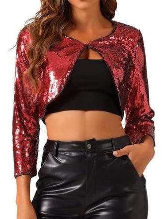 Allegra K Cardigan Femme Paillettes Bol&eacute;ro M&eacute;tallique Veste Courte &agrave; Sequin Manches 3/4 Ouvert sur Le Devant Gilet pour F&ecirc;te et Soir&eacute;e Rouge S