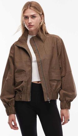 Arket Veste bomber à carreaux en laine mélangée extensible avec col montant - Marron clair-Brown