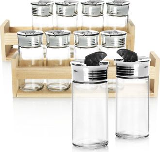 Com-Four 12-teiliges Gewürzstreuer Set - Gewürzgläser mit Deckel im Holzregal - Salz und Pfeffer Streuer für Küche und Aufbewahrung im modernen Design (12-teil