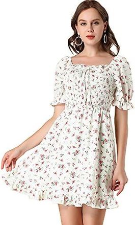 Allegra K Femmes Robe Smockée Manches Bouffantes Col Chérie Ourlet Volanté Fleurs Blanc XL