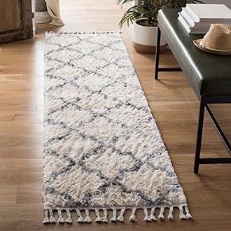 Safavieh Zottelig Teppich für Wohnzimmer, Esszimmer, Schlafzimmer - Berber Fringe Shag Collection, Kurzer Flor, Creme und Grau, 61 X 244 cm