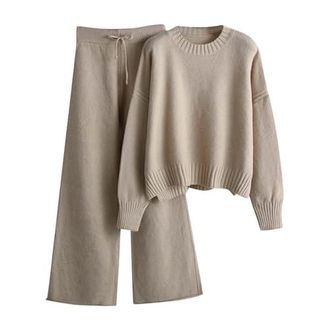 Generic Ensemble pull 2 pi&egrave;ces en tricot pour femme - Haut taille haute - Pantalon large - Ensemble de d&eacute;tente - Ensemble pull et pantalon pour femme, kaki, X