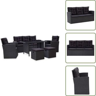 vidaXL 6-tlg. Garten-Lounge-Set mit Kissen Poly Rattan Schwarz - Outdoor M&ouml;bel - Garten Lounge Set - Rattan Gartenm&ouml;bel - Balkonm&ouml;bel - Esstisch
