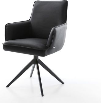 DELIFE Drehstuhl Heira-Flex mit Armlehnen Echt-Leder Schwarz Kreuzgestell breit Schwarz 360° drehbar Wippfunktion Taschenfederkern, Esszimmerstühle