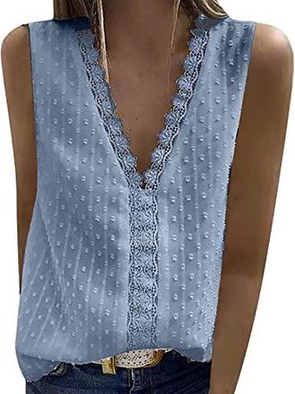 Onsoyours Hauts Femme Mode Tops Col en V Blouse Dentelle Manches Longues T-Shirts Chic Couleur Unie Shirt Élégant Tunique Lâche Mousseline Chemise Blouse B Bleu