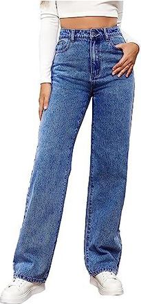 Generic Jean Femme Taille Haute Coupe Droite Straight Jeans Baggy Jambes Larges amincissantes avec Tous Les Pantalon Automne Hiver Elastique Classique en Deni