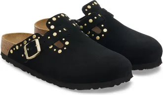 Birkenstock Womens Clogs Boston Suede Black Slippers Flat Shoes