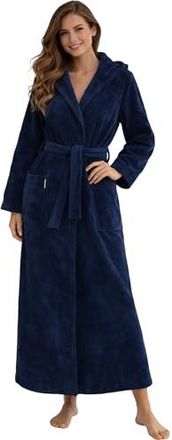Morgenstern Peignoir extra long &agrave; capuche pour femme - En tissu &eacute;ponge doux - Velours - Certifi&eacute; &Ouml;ko-Tex Geena - Longueur mollet, bleu fonc&eacute;, XL taille tall