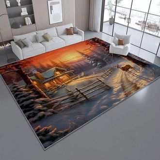 Generic Tapis en Flanelle Antid&eacute;rapant et Lavable 80 x 150 cm - Tapis Imprim&eacute; Motif Chalet dhiver Rustique, pour Salon Chambre &agrave; Coucher et Chambre dEnfants M