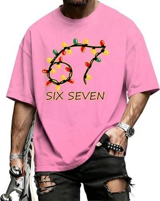 Generic 67 Chemise de No&euml;l - Col rond surdimensionn&eacute; - T-shirt de No&euml;l &agrave; manches courtes pour homme - Hauts d&eacute;t&eacute; tendance - Pour un usage quotidien, rose fonc