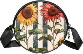 Generic Petit sac &agrave; bandouli&egrave;re rond pour femme, motif tournesol avec fermeture &eacute;clair, bretelles r&eacute;glables, style d&eacute;contract&eacute;, pour femmes et filles