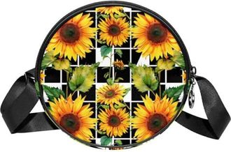 Generic Petit sac &agrave; bandouli&egrave;re rond pour femme, motif tournesol avec fermeture &eacute;clair, bretelles r&eacute;glables, style d&eacute;contract&eacute;, pour femmes et filles