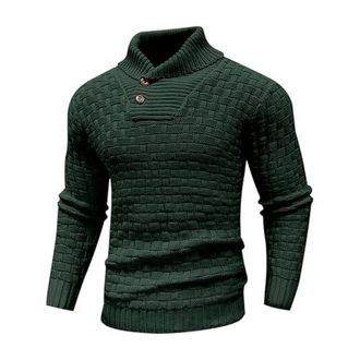 Generic Pull dhiver chaud en tricot &agrave; col montant &agrave; manches longues pour homme avec boutons torsad&eacute;s, Vert noir, S