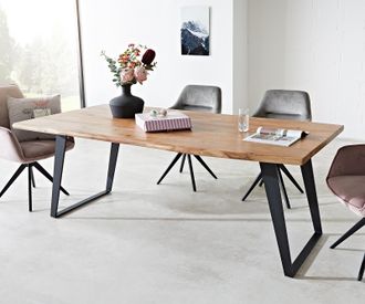 DELIFE Esstisch Edge 200x100 Akazie Natur Metall Schräg Live-Edge, Esstische, Baumkantenmöbel, Massivholzmöbel, Massivholz