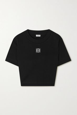 Loewe T-shirt Raccourci En Coton Côtelé À Broderie Anagram - Noir